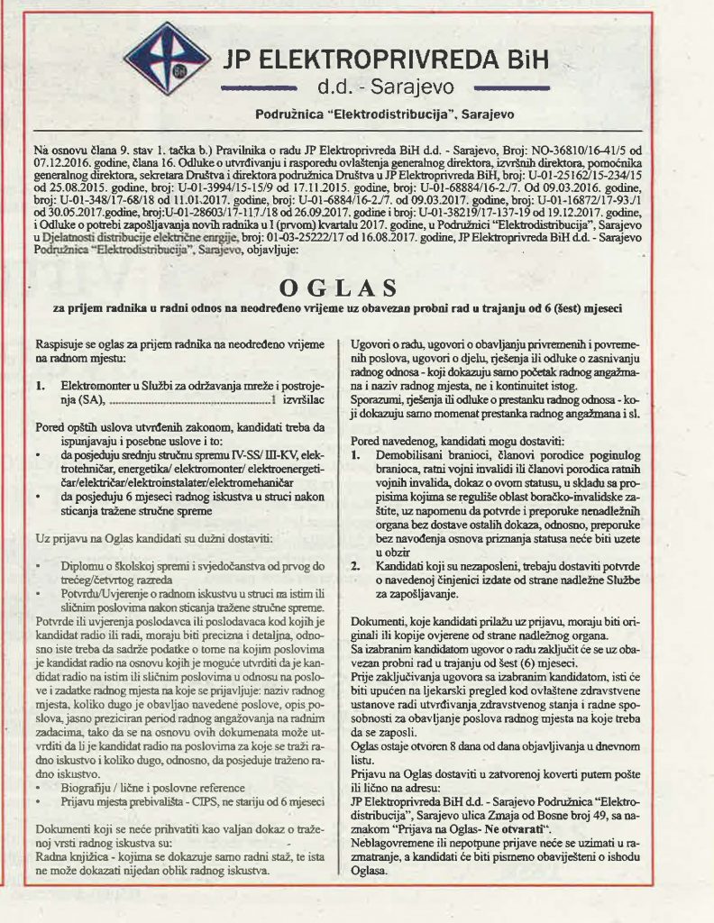 Oglas za prijem radnika u radni odnos na neodređeno vrijeme uz obavezan ...