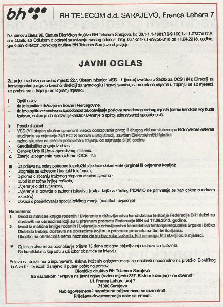 Javni oglas za prijem radnika na radno mjesto: Sistem inžinjer, BH ...