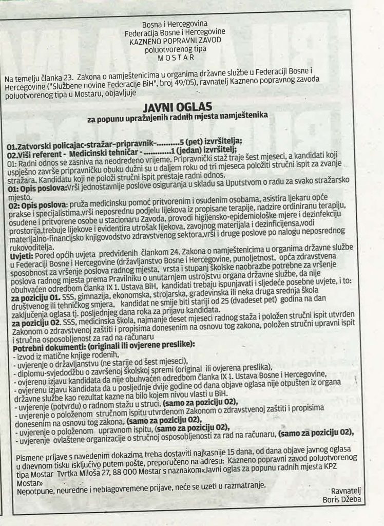 Javni oglas za popunu upražnjenih radnih mjesta namještenika, Kazneno ...