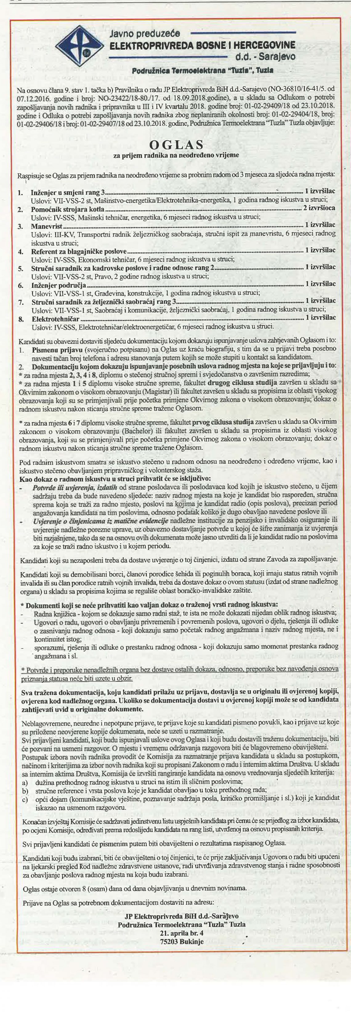 Oglas za prijem radnika na neodređeno vrijeme, EP Bosne i Hercegovine ...