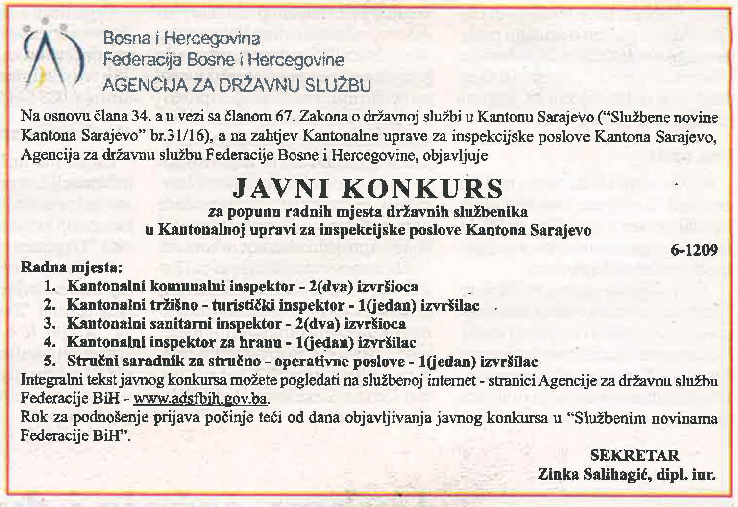 Javni konkurs za popunu radnih mjesta državnih službenika u Kantonalnoj ...