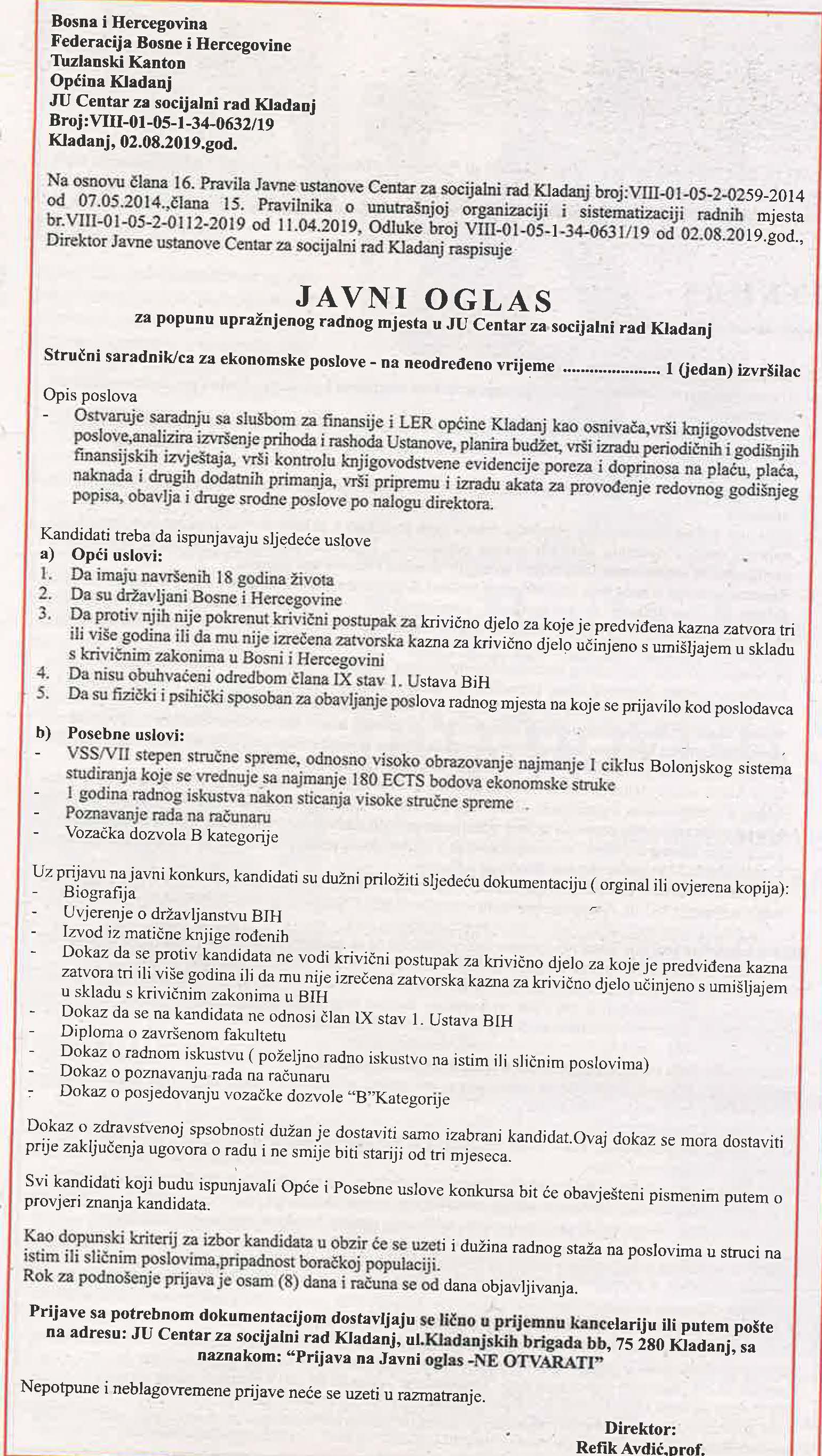 Javni konkurs za popunu upražnjenog radnog mjesta u JU Centar za ... Javni konkurs za popunu upražnjenog radnog mjesta u JU Centar za ...