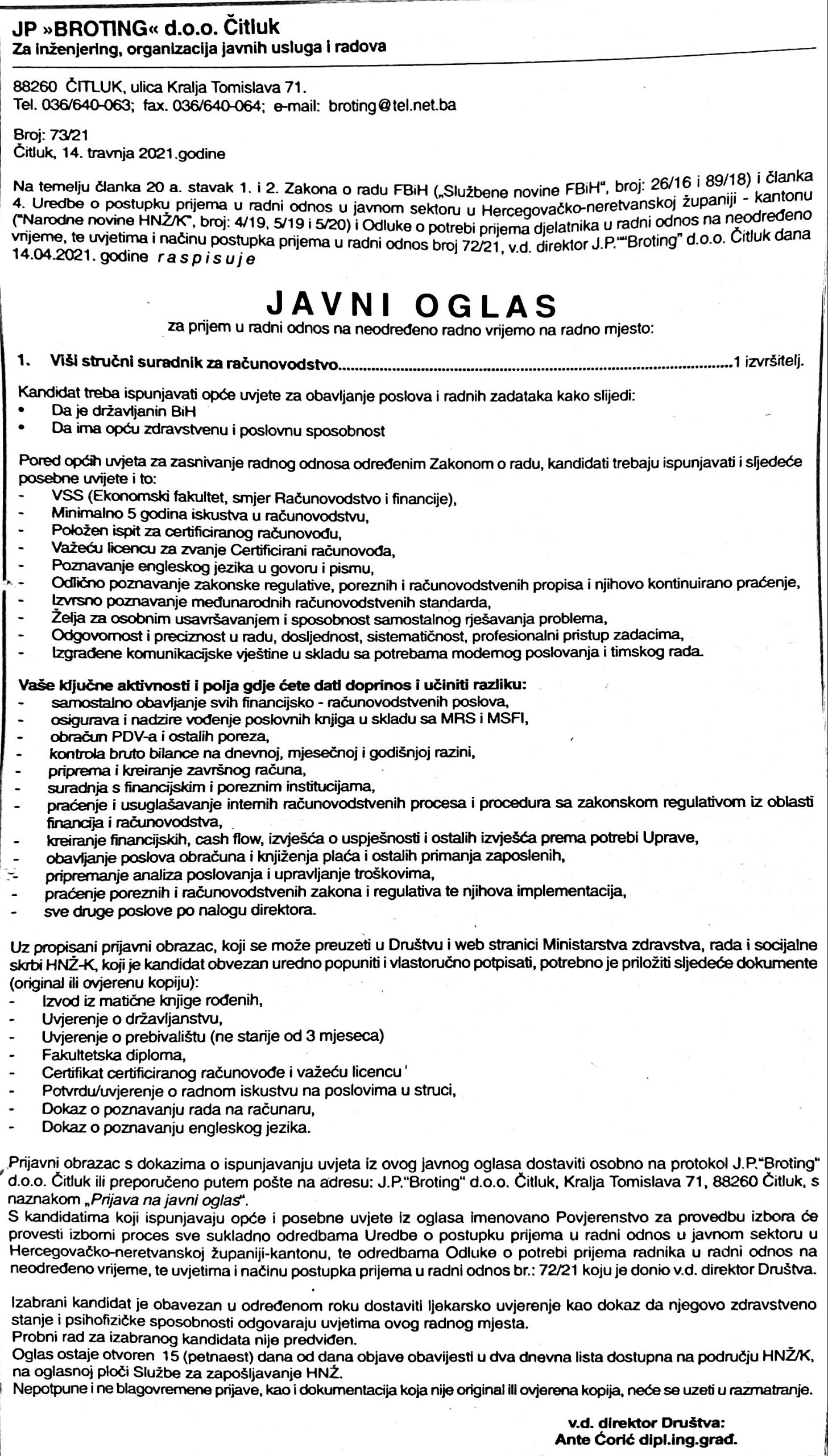 Javni oglas za prijem radnika u JP "BROTING" Čitluk, objavljen u ...