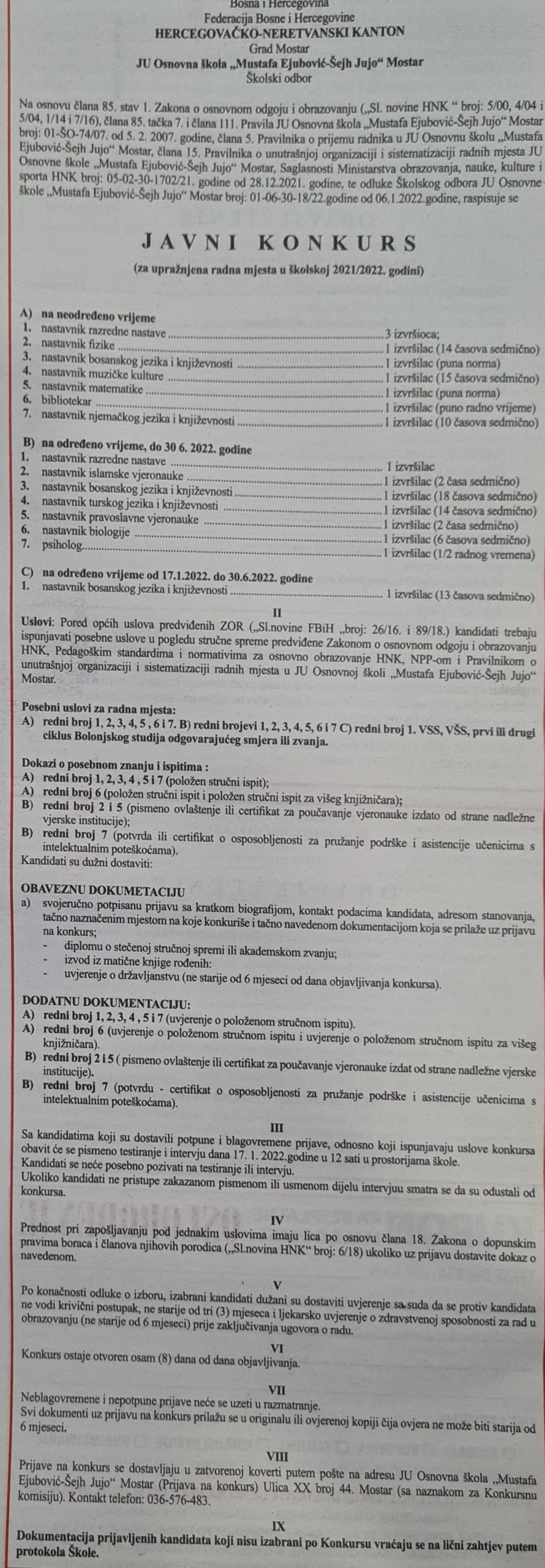 Javni konkurs za prijem radnika u JU OŠ"Mustafa Ejubovic-Šejh Jujo ...